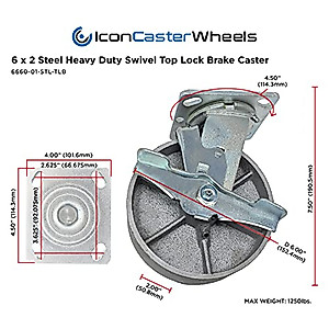 IconCasterWheels 6" x 2" Steel Heavy Duty Caster, Set of 4 Industrial Casters | 2 Swivel Top Lock Brake Caster & 2 Rigid Top Plate Caster | Top Plate 4 x 4.5", Load Capacity 4,800 lbs per Set (4-Pack)