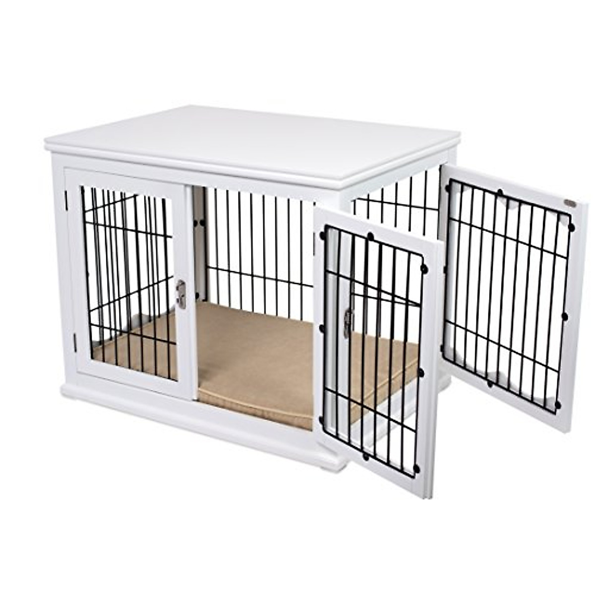 BIRDROCK HOME Decorative Dog Kennel with Pet Bed for Small Dogs - White - Double Door - Wooden Wire Dog House - Indoor Pet Dog Crate Side Table - Bed Nightstand