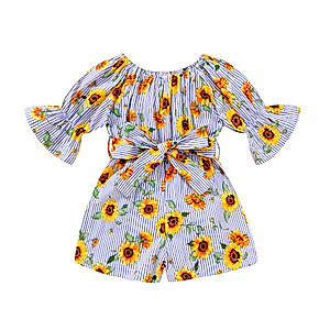 YOUNGER TREE Kids Toddler Baby Girls Summer Outfit Off-Shoulder Sunflower Overall Romper Jumpsuit Short Trousers Clothes (Sunflower, 18-24 Months)