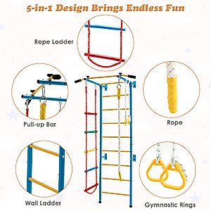 Costzon 5 in 1 Climbing Toys for Toddlers, Indoor Kids Gym for Exercise, Steel Ladder Wall Set with Wall Ladder, Pull-up Bar, Climbing Rope and Gymnastic Rings, Climber Ladder Toys Boys Girls Gift