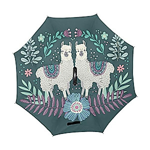 ALAZA Cartoon Llamas Windproof Inverted Open Close Reverse Rain Umbrella Inside Out Quality Waterproof Parasol Upside Down Stick Shelter with Hook c Handle