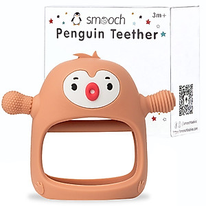 Smooch Penguin Mitten Teething Toys for Babies 0-6 Months, 12, 18 - Penguin Teethers for Babies are Easy to Hold, Silicone Baby Teether Toys - Provides Teething Pain Relief (Mint & Coral)