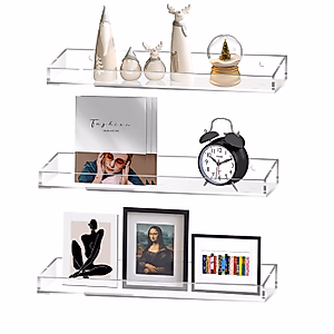 Clear Acrylic Shelves for Wall Storage, 3PCS 15" Floating Shelves Wall Mounted, Kids Bookshelf, Display Ledge for Bedroom, Living Room, Bathroom, Kitchen,