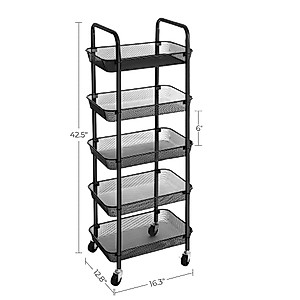 SONGMICS Rolling Cart, 5-Tier Metal Storage Cart, Kitchen Storage Trolley with 2 Brakes, Utility Cart with Handles, Easy Assembly, for Bathroom, Kitchen, Office, Black UBSC063B01