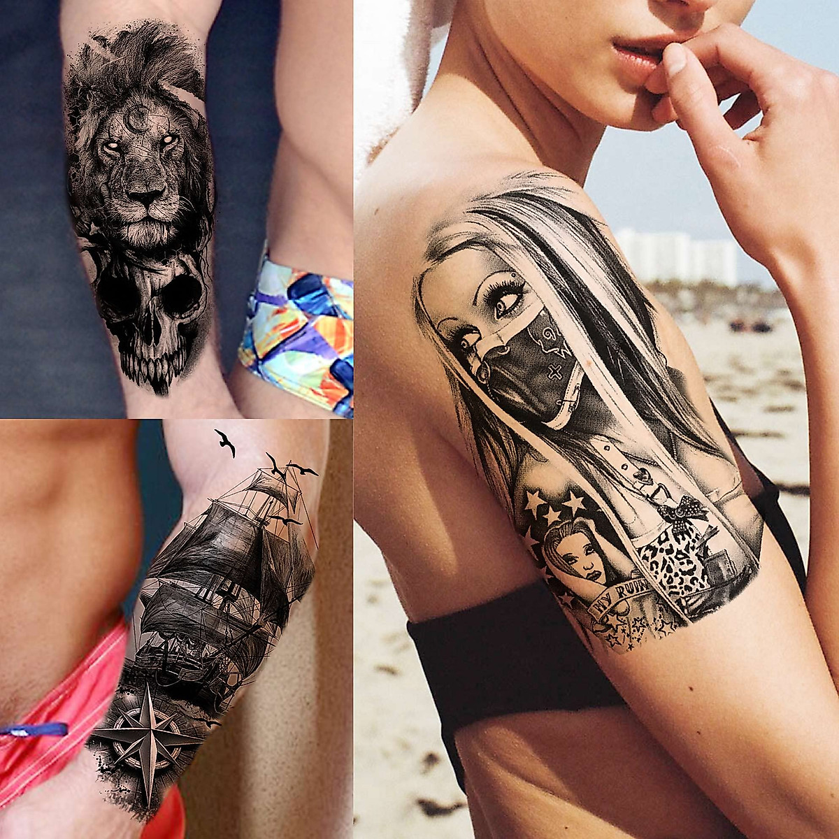 Bilizar 63 Sheets Tribal Wolf Lion Tiger Temporary Tattoos For Men Women Adults, Scary Halloween Skull Gangster Fake Tattoo Stickers Kids, Small 3D Realistic Tattoos Thigh Arm Neck Elephant Warrior