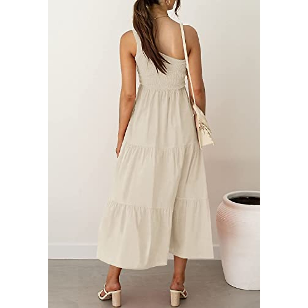 ZESICA Women's 2023 Bohemian Summer Floral Print One Shoulder Sleeveless Smocked Ruffle Tiered Beach Long Midi Dress,Beige,Large