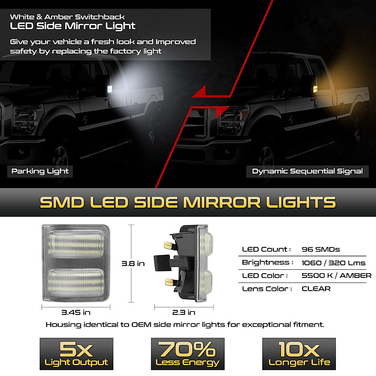 [Switchback White + Amber Sequential Turn Signal LED Strip] For 2008-2016 Ford F250 F350 F450 F550 Super Duty Black LED Towing Mirror Light, Driver & Passenger Side