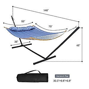 Mansion Home Two Person Hammock with Stand, Outdoor Hammock with Curved Spreader Bar, Hammocks for Outside with Stand, Pillow and Portable Bag, Blue