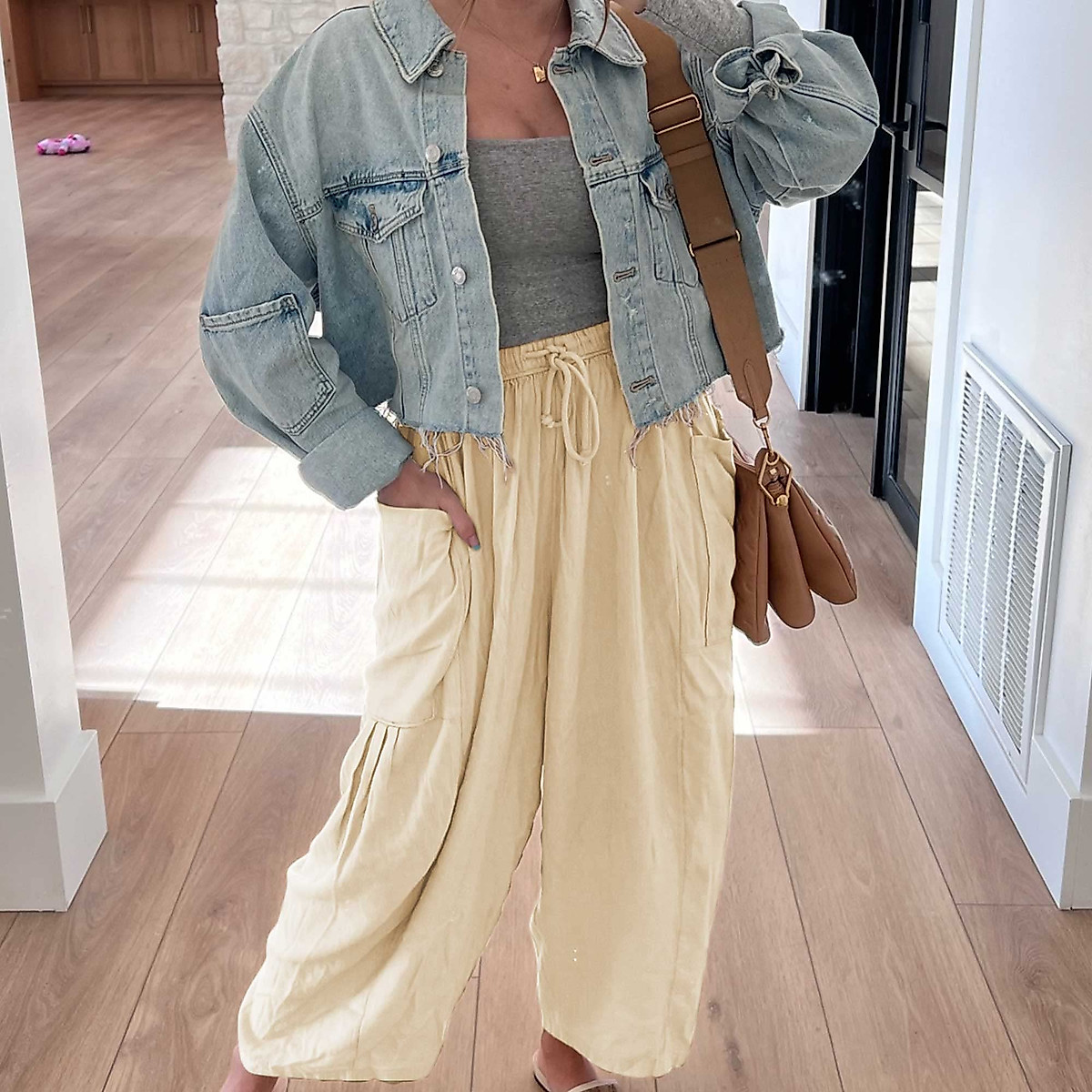 Hixiaohe Women's Casual Cotton Linen Lantern Pants Baggy Elastic Waist Drawstring Pleated Relax Fit Trousers with Pockets(Apricot,XL)