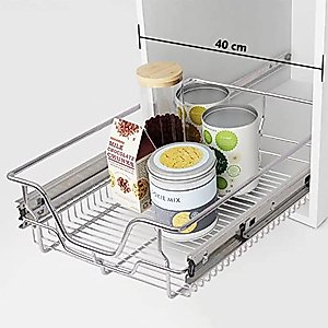 Mogou Pull-Out Wire Basket Pull Out Spice Rack, Blind Corner Cabinet Pull Out, Pull Out Shelf Storage for Kitchen Base Cabinet Organizations 2 pcs Silver 15.7"