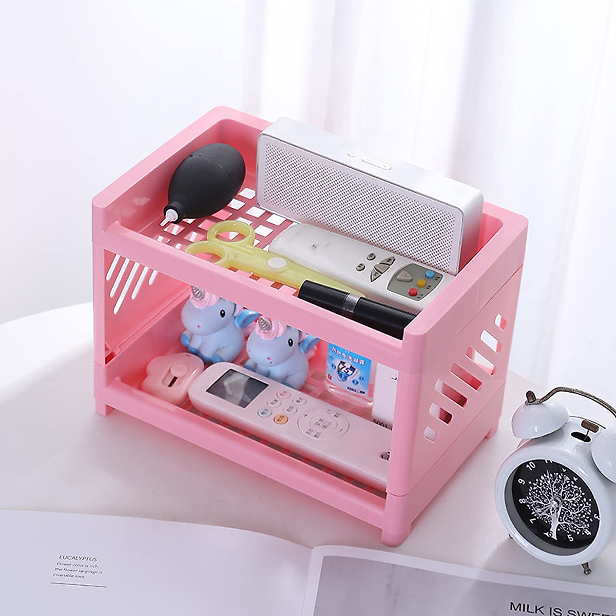 XINGWANG Double-Layer Desktop Storage Rack, Foldable Office Stationery Storage Rack,Kitchen Seasoning Storage Rack, Bathroom Cosmetic Storage Rack (Pink, 2-Layer)