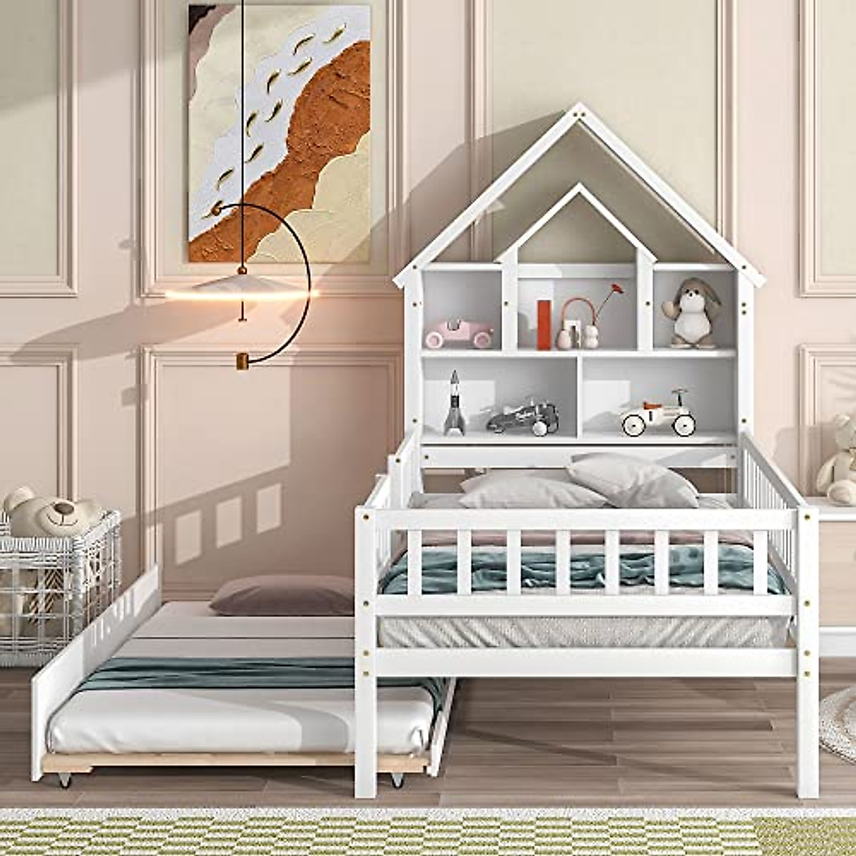 FIQHOME Twin Size Platform Bed for Kids, Twin Size Kids Bed Frame with House-Shaped Headboard, Wooden Twin Bed with Trundle and Fence Guardrails,Solid Wood House Bed for Girls Boys,White