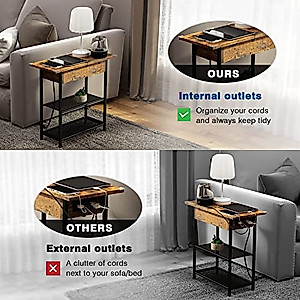 SAUCE ZHAN Sofa Side Table with USB Ports and Outlets, Narrow End Table with Storage Shelf for Small Spaces Bedside Nightstand with Charging Station for Living Room, Bedroom, Brown