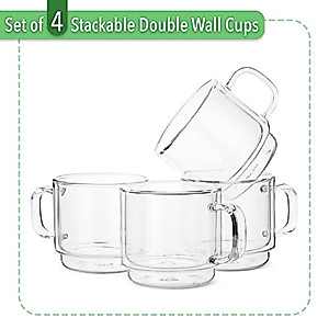 BTaT- Stackable Insulated Coffee Mugs, Glass Tea Mugs, Set of 4 (12 oz, 350 ml), Double Wall Glass Coffee Cups, Tea Cups, Latte Cups, Beer Glasses, Latte Mug, Clear Mugs, Mother's Day Gift