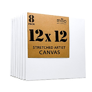 milo Stretched Artist Canvas | 12x12 inch | Value Pack of 8 Canvases for Painting, Primed & Ready to Paint Art Supplies for Acrylic, Oil, Mixed Wet Media, & Pouring, 100% Cotton with Pine Wood Frame