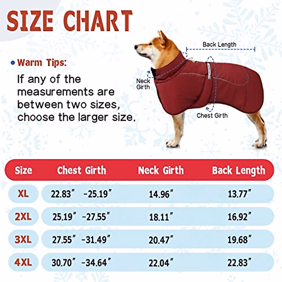 Warm Dog Winter Coat Adjustable Dog Winter Jacket Reflective Dog Snow Jacket Turtleneck Dog Winter Clothes for Large Medium Dogs (XX-Large, Red)