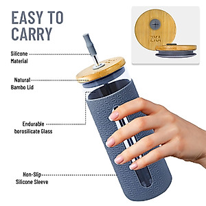 ZKA Global 24 Oz Reusable Boba Cup with Bamboo Lid | 2 Straw With Silicon Tip and Cleaning Brush | Smoothie cup glass tumbler with straw and lid bamboo | Glass Boba Cup with Sleeve