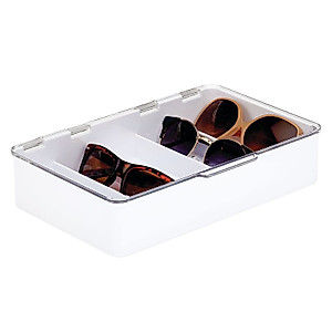 mDesign Plastic Stackable Eyeglass Case Storage Organizer with Hinged Lid for Unisex Sunglasses, Reading Glasses, Fashion Eye Wear, Protective Glasses, 5 Sections, Ligne Collection - White