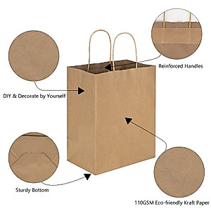 Toovip 100 Pack 8x4.75x10 Inch Medium Plain Brown Kraft Paper Bags with Handles Bulk, Gift Wrap Bags for Favors Grocery Retail Party Birthday Shopping Business Goody Craft Merchandise Take Out Sacks