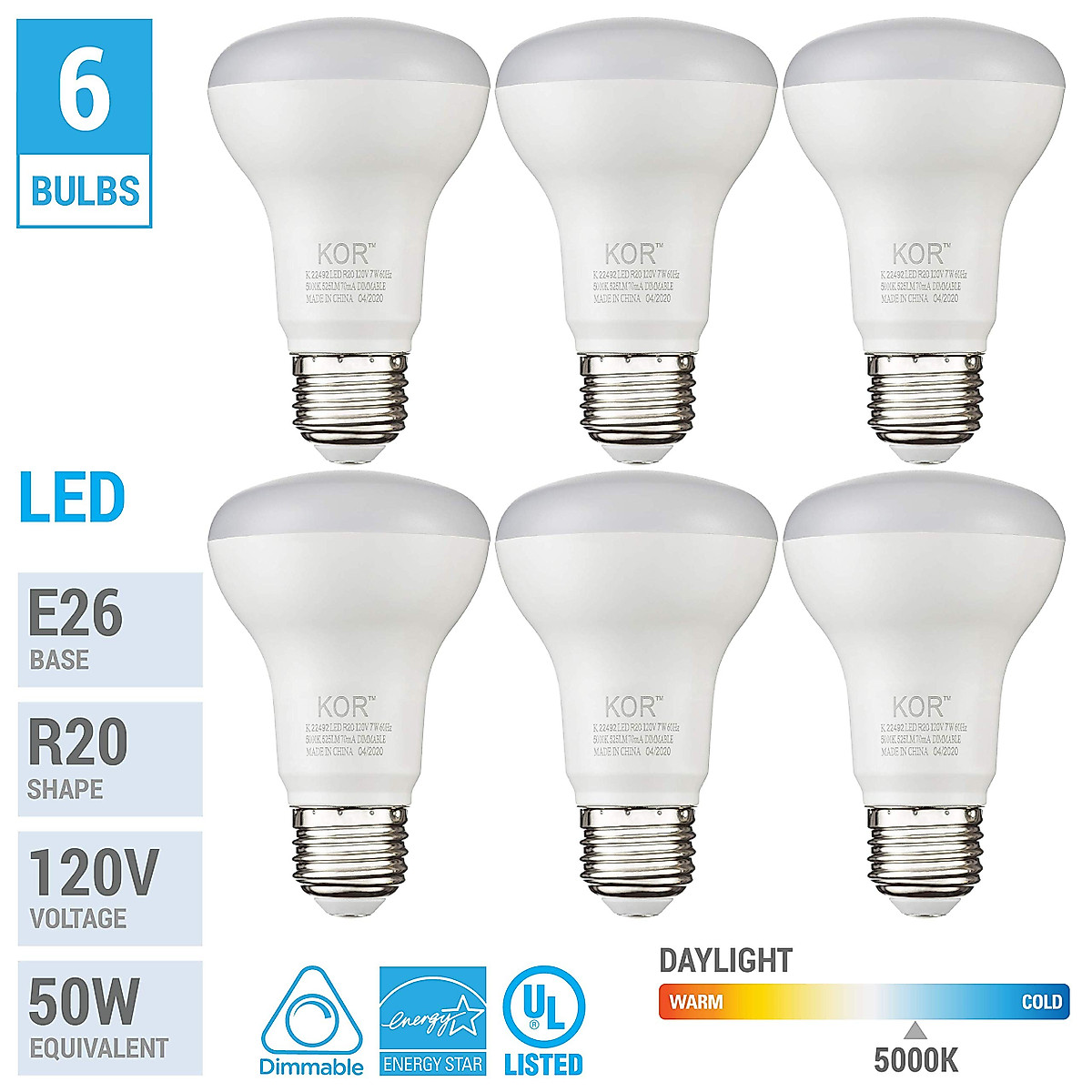 KOR (6 Pack) 7W LED R20 Reflector 5000K Bright White Light Bulb (50W Equivalent), Dimmable, 525 Lumens, Standard E26 Base, BR20 LED Flood Light Bulbs.