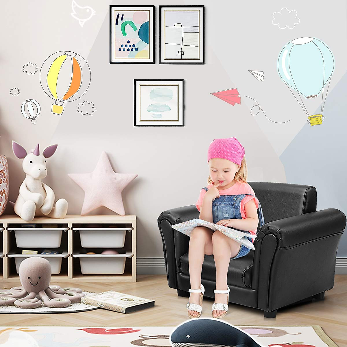 HONEY JOY Kids Couch with Ottoman, Child Size Sofa with Roundy Footstool, PU Leather, Anti-Slip Pad, Mini Toddler Toy Story Chair for Playroom Furniture (Black)