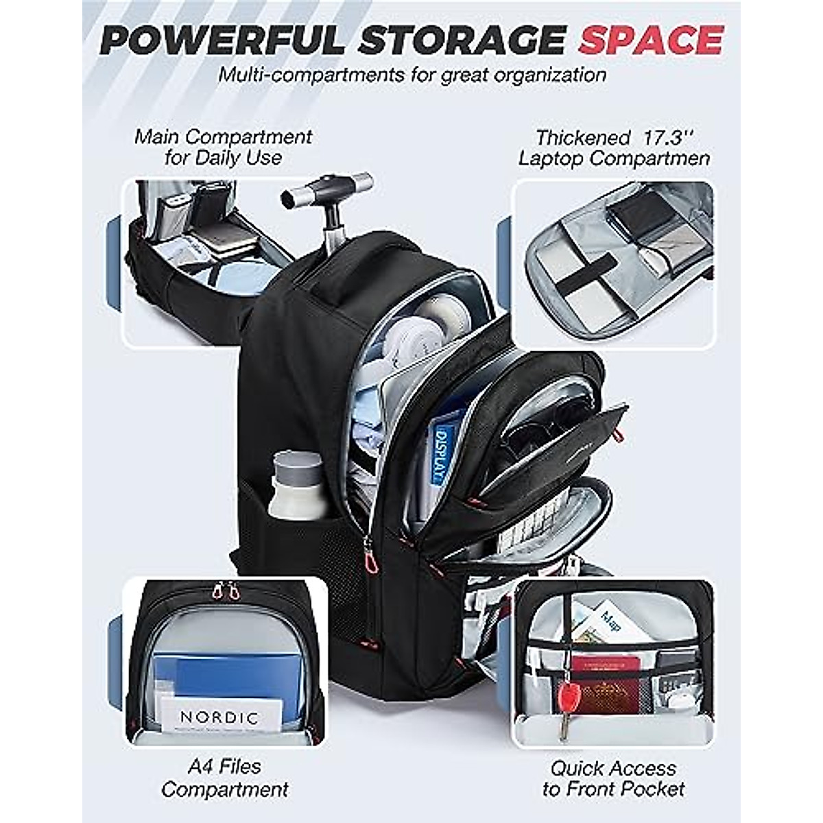 BAGSMART Rolling Backpack, Large Laptop Backpack with Wheels for Adults, Water-Resistant Rolling College Backpack with Telescoping Handle for Work Travel Business, Black