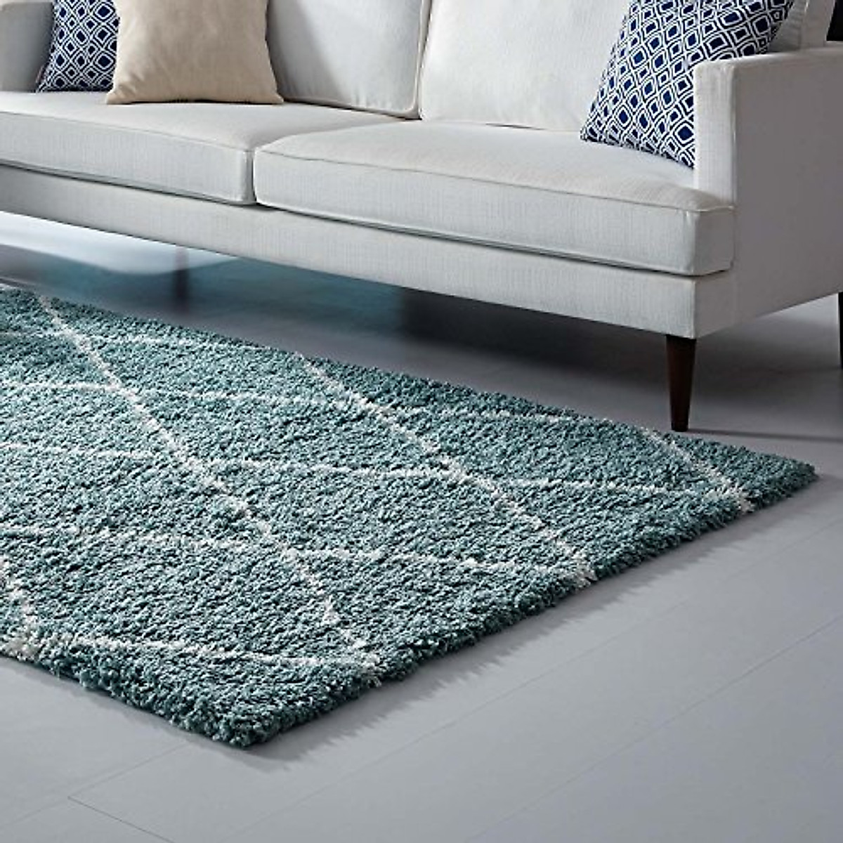 Modway Toryn Diamond Trellis 5x8 High Pile Shag Area Rug With Lattice Design In Aqua Blue and Ivory