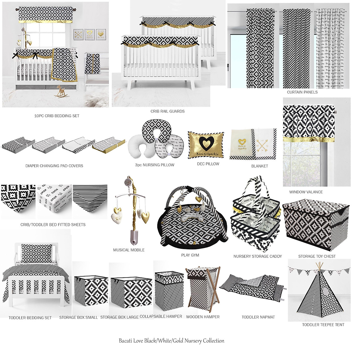 Bacati - Love 100 Percent Cotton Percale Crib/Toddler Bed Skirt (Diamonds, Black)