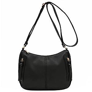 FashionPuzzle Faux Leather Two Front Zipper Pocket Crossbody Saddle Bag (Black) One Size