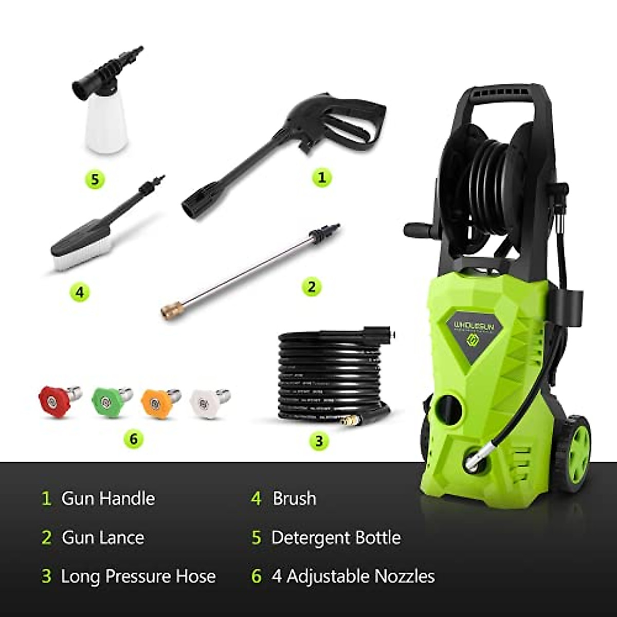 WHOLESUN WS 3000 Electric Pressure Washer, 1.58GPM 1600W High Power Washer Machine with Spray Gun & 4 Nozzles for Cars, Homes, Driveways, Patios(Green)