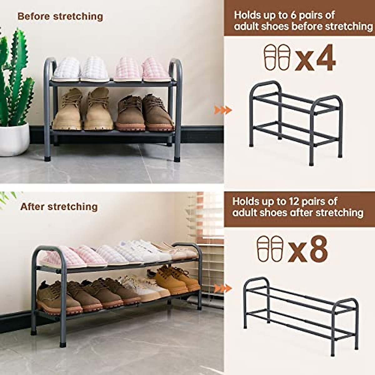 2-Tier Expandable Shoe Rack,Adjustable Shoe Shelf Storage Organizer Heavy Duty Metal Free Standing Shoe Rack for Entryway Closet Doorway (Gray)