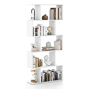 Tangkula 5-Tier Geometric Bookshelf, S Shaped Bookcase w/Anti-Toppling Device, Freestanding Room Divider, Industrial Home Office Decor Wood Open Storage Display Shelf for Living Room (1, White)