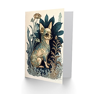 Artery8 Chihuahua Dog With Floral Pattern Fur Coat Modern Portrait in Flower Field Illustration Art Birthday Sealed Greeting Card Plus Envelope Blank inside