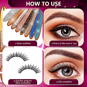 8 Pieces Self-adhesive Eyeliner 2 in 1 Eye Liner Pen Diamond Liquid Eyeliner No Glue No Magnetic Eyeliner Waterproof Long Lasting for Women Girls Eye Makeup False Eyelashes Sticking (Stylish Style)