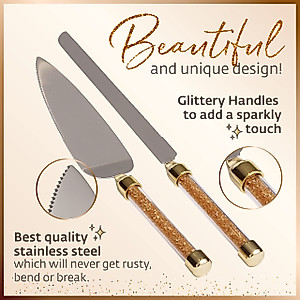 Cake Knife And Server Set With Gold Glittering Bead Handles - Packaged in a Gift box- Gift Idea For Weddings, Birthdays, Anniversaries