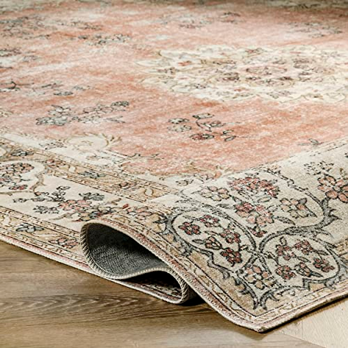 nuLOOM Ren Vintage Floral Machine Washable Area Rug, 5' x 8', Peach
