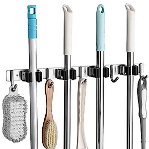 SHYOSUCCE Mop Broom Holder Wall Mount with 4 Racks and 5 Hooks, 304 Stainless Steel Broom Organizer for Garden Garage Kitchen Bathroom (Black)