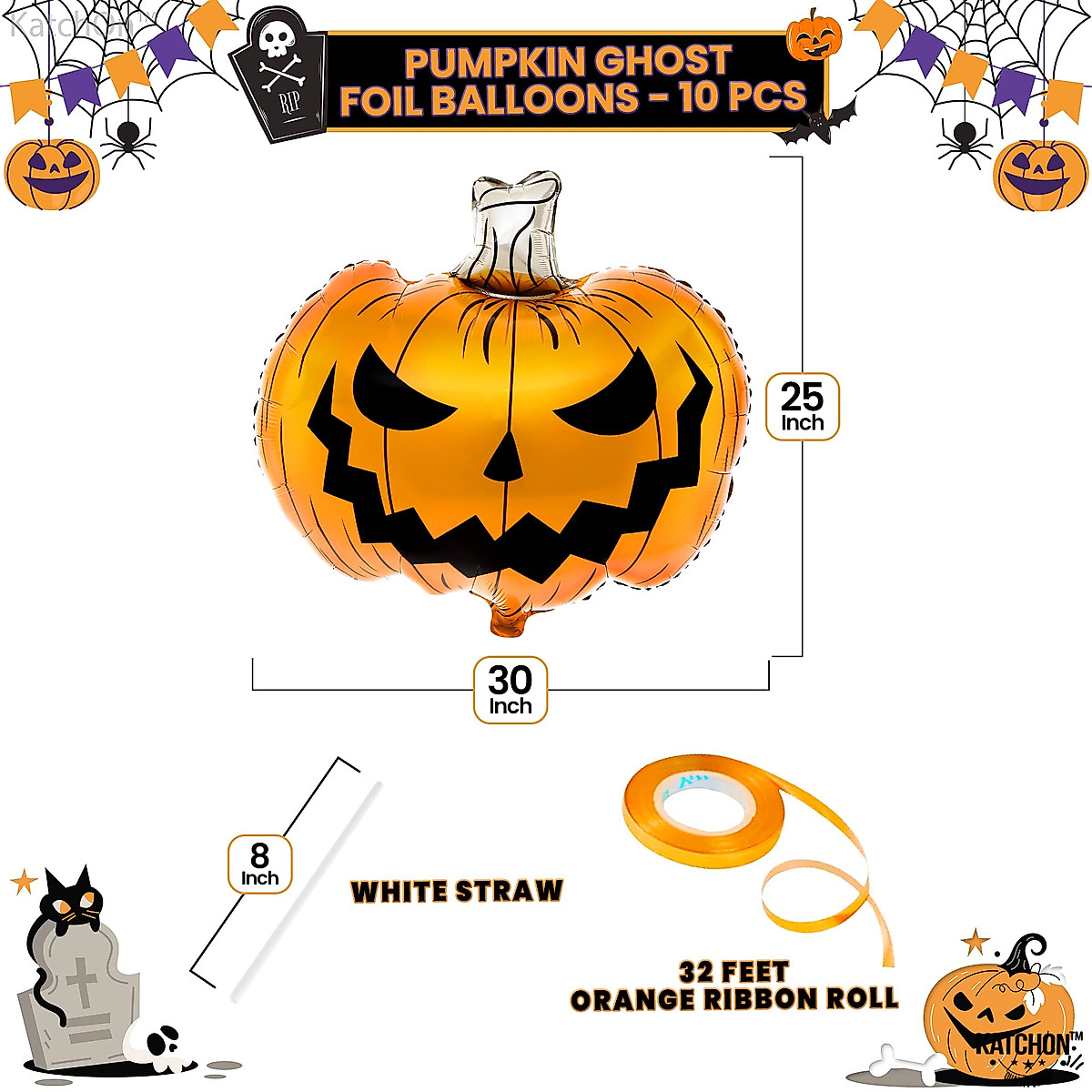 KatchOn, Scary Halloween Pumpkin Balloons - 25 Inch, Pack of 10 | Large Fall Leaf Balloons - 27 Inch, Pack of 6 | Pumpkin Foil Balloons, Fall Balloons for Thanksgiving Decorations | Halloween Balloons