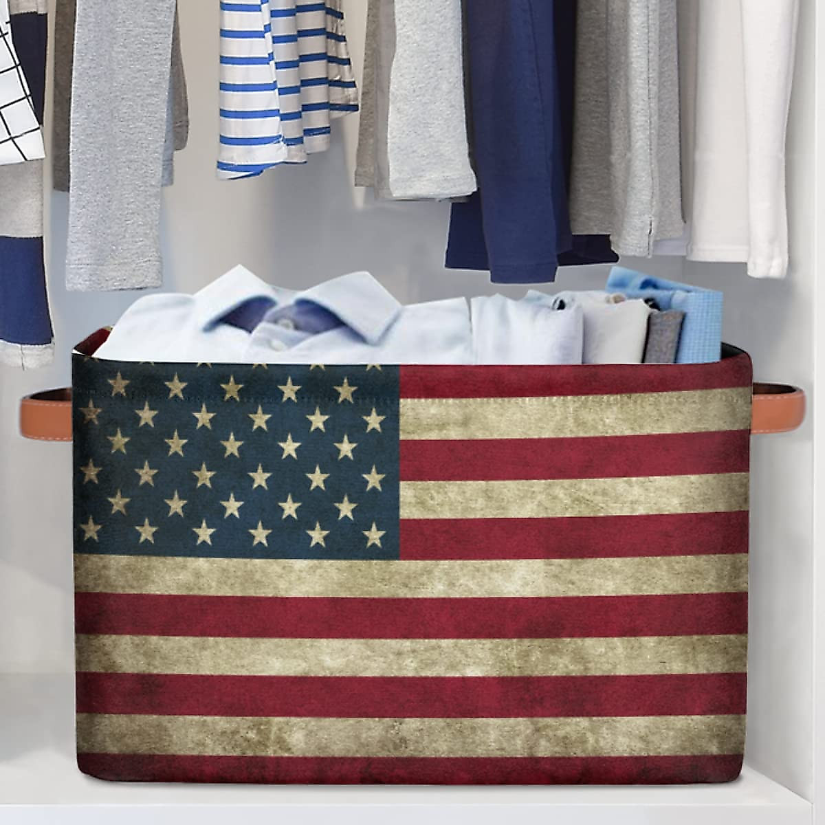 Storage Basket American USA Flag, Large Foldable Organizer Storage Bins for Shelves, Sturdy Canvas Cubes Storage Boxes with Handles for Toys Closet Nursery Office Living Room 15" x 11" x 9.5"