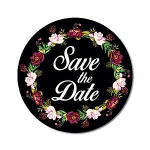 Darling Souvenir 45 Pcs Floral Wreath Black Round Save The Date Stickers Envelope Seals-1.6 Inches