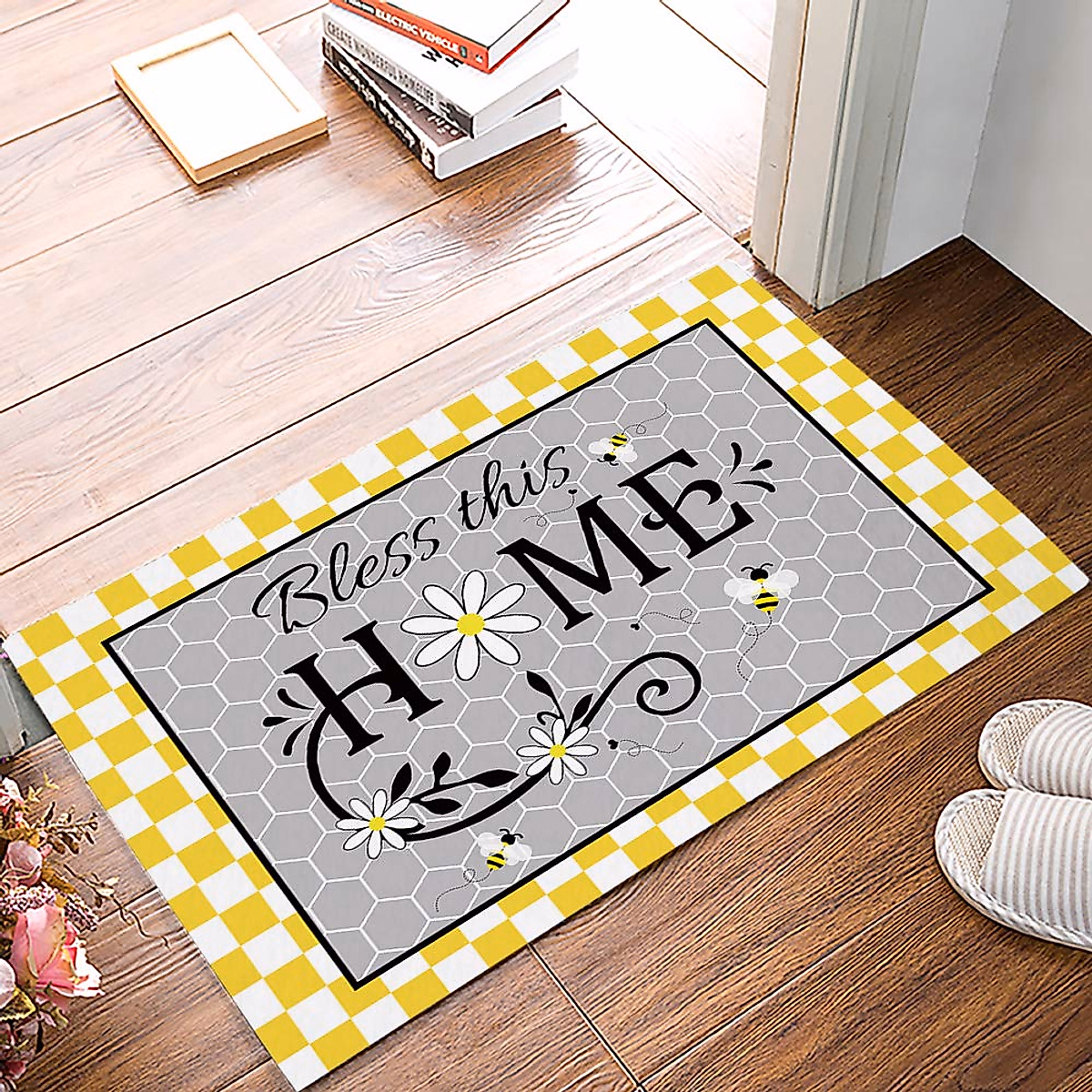 Daisy Bee Grey Honeyin Farm Home Wooden Grain Yellow and White Lattice, Bathroom Shower Mat Doormat Non Slip,Floor Rug Absorbent Carpets Floor Mat Home Decor for Kitchen Bedroom Rug, 16"X 24"