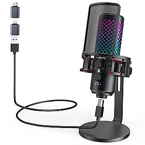 ZealSound Gaming USB Microphone for iPhone Phone PC,Metal Microphones with Quick Mute,RGB Indicator,Pop Filter,Shock Mount,Gain Control for Podcast