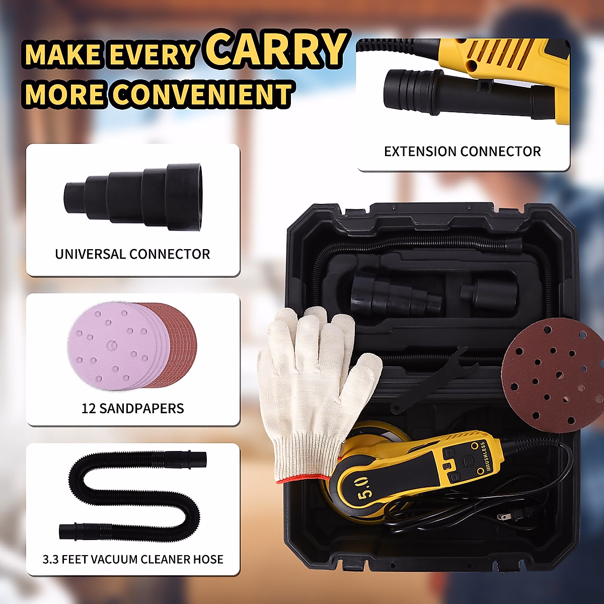 Electric Random Orbital Sander 350W Brushless Motor 3/16 inch Orbit, 110V 6-Inch 10000 RPM Variable Speed Tool for Metal Fabrication, Woodworking Walls and Car Polishing with Plastic Case