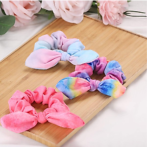 Bow Scrunchies for Hair, Funtopia 12 Pcs Cute Rabbit Bunny Ear Scrunchies, Fashion Colorful Tie Dye Scrunchy Hair Ties Bowknot Ponytail Holders for Women Girls Kids