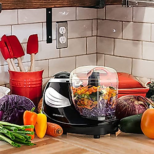 OVENTE Mini Electric Food Processor and Salad Vegetable Shake Mixer 1.5 Cup With Stainless Steel Blades Grater Slicer Chopper Juicer blenders and Emulsify Accessories Black PF1007B