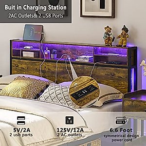 Alohappy Full Size Bed Frame with Led Bookcase Headboard and Charging Station，Metal Platform Bed Frame with RGB Light Strips, Sturdy and No Noise Easy Installation No Box Spring Needed