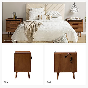 HULALA HOME Nightstand with Charging Station, Mid-Century Modern 2 Drawer and Open Shelf Bedside Tables, Wood Night Stand with USB Ports and Outlets for Bedroom Set of 2, Acorn