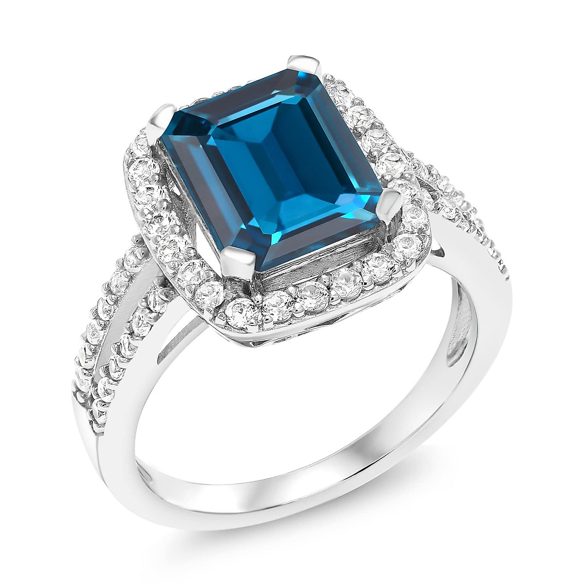 Gem Stone King 925 Sterling Silver London Blue Topaz Ring | Emerald Cut 10X8MM Engagement Ring For Women | 4.62 Cttw | Gemstone Birthstone | Available In Size 5, 6, 7, 8, 9