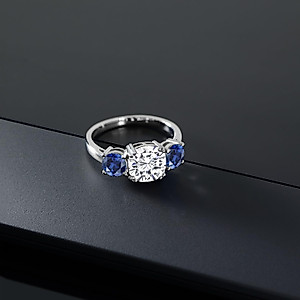 925 Sterling Silver Forever Brilliant Moissanite From Charles & Colvard and Blue Created Sapphire 3 Stone Engagement Ring For Women (3.60 Cttw, Gemstone, Cushion 8MM, Size 6)