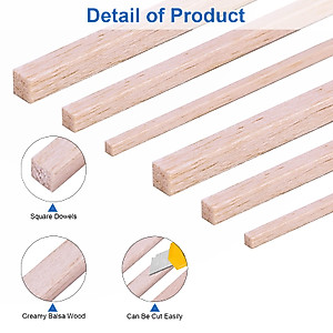 222 Pieces Wood Strips Balsa Square Wooden Dowels 1/8 Inch, 3/16 Inch, 1/4 Inch, Square Dowel Rods 12 Inch Hardwood Unfinished Wood Sticks for Crafts DIY Projects Models Making Supplies